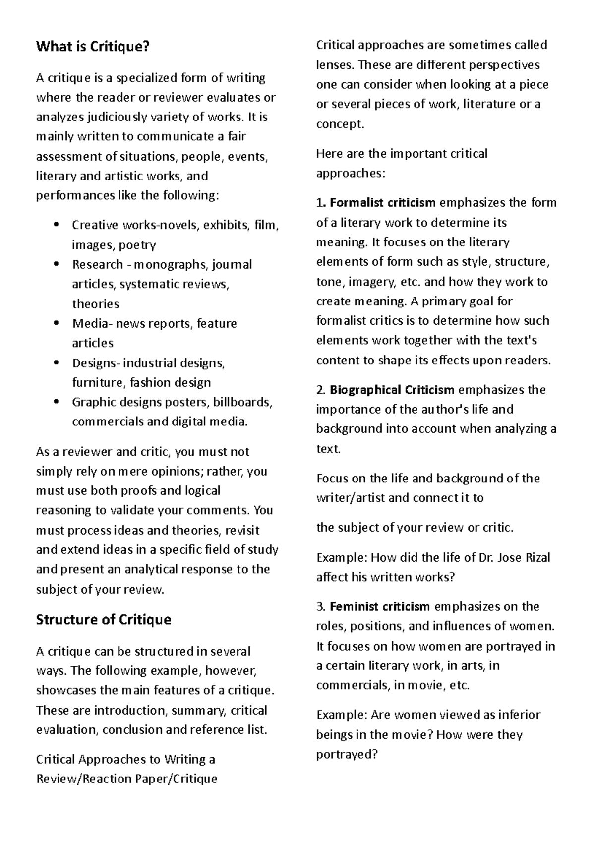 What is Critique - It is mainly written to communicate a fair ...