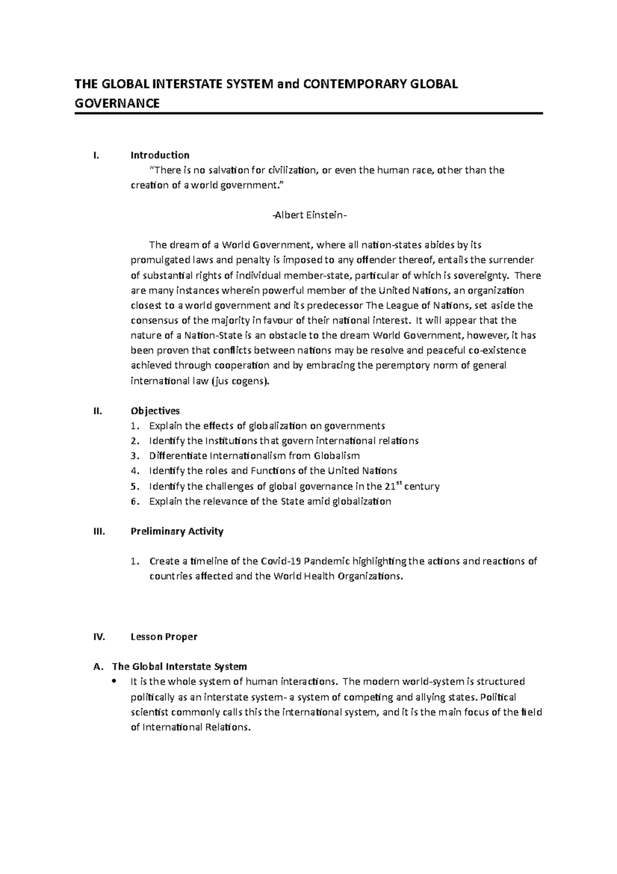 THE Global Interstate System and Contemporary Global Governance - THE ...