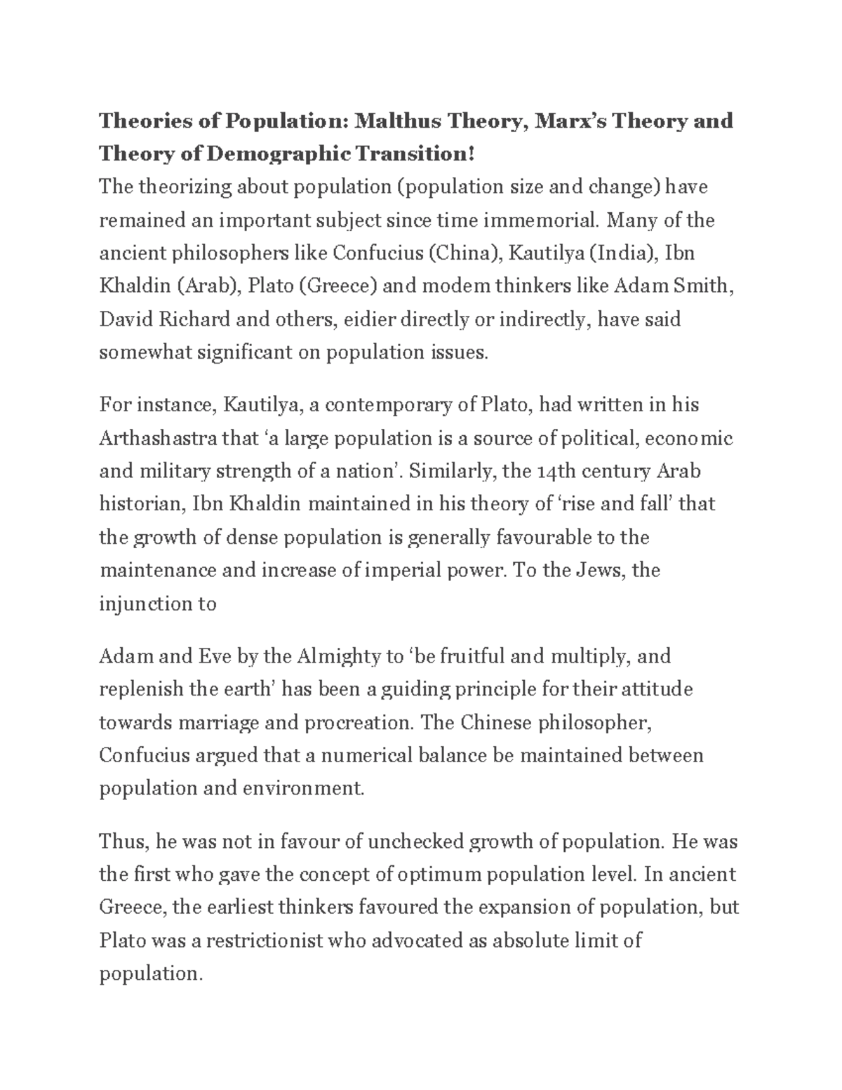 Theories-of-Population - Theories of Population: Malthus Theory, Marx’s ...