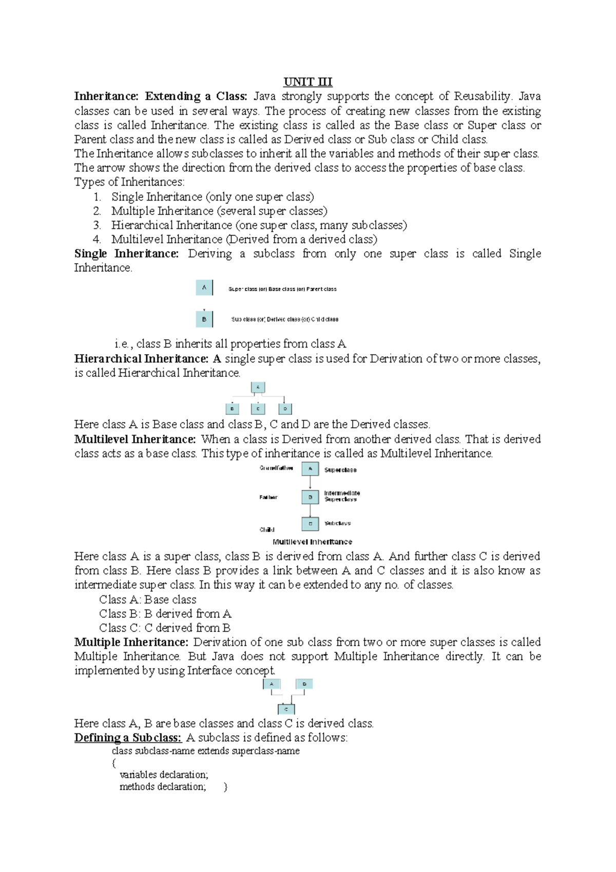 Oops With Java Unit Iii Java Concepts Unit Iii Inheritance Extending A Class Java Strongly