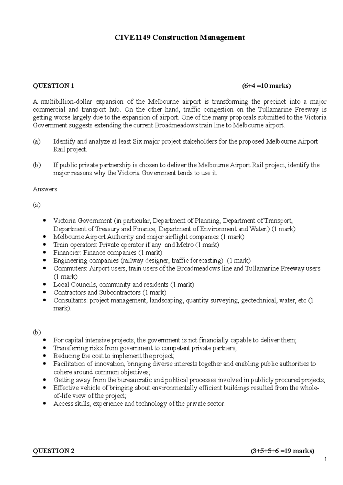 Exam 2016, questions and answers - CIVE1149 Construction Management ...