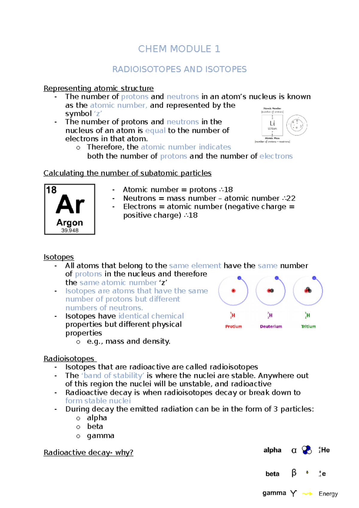 CHEMISTRY MODULE 1 Notes 2023 - CHEM MODULE 1 RADIOISOTOPES AND ...