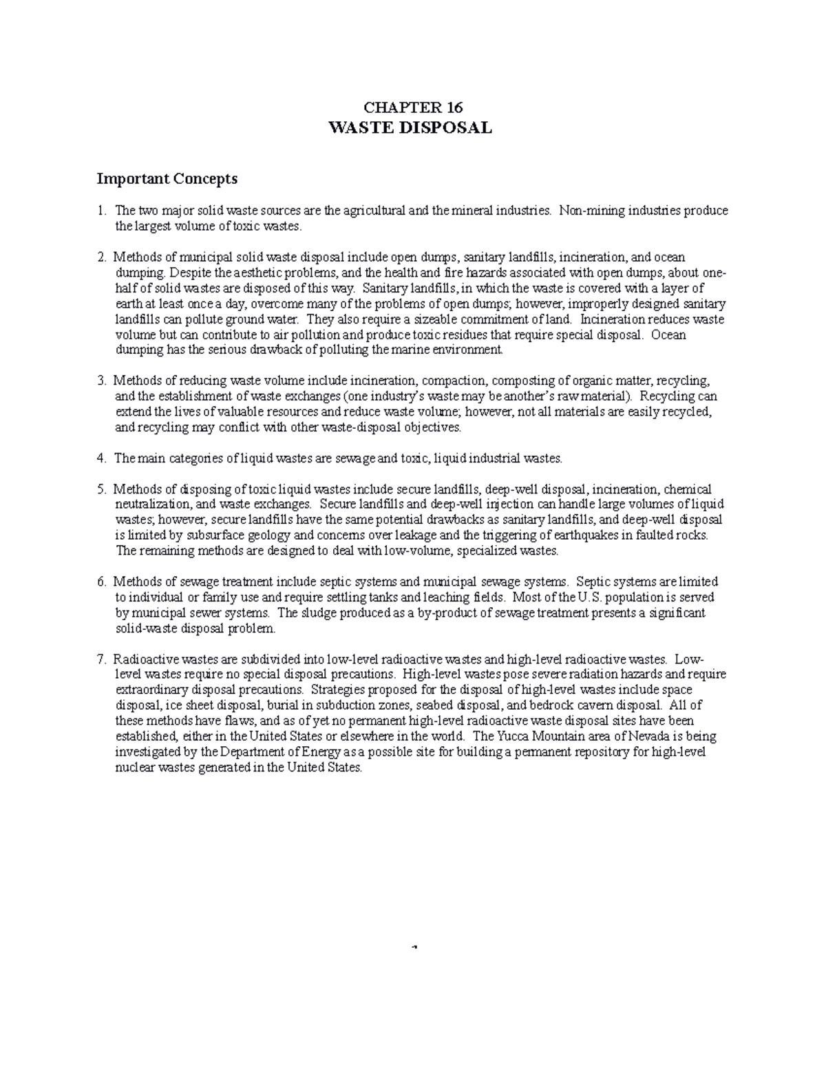 Ssg ch16 - CHAPTER 16 WASTE DISPOSAL Important Concepts The two major solid waste sources are ...