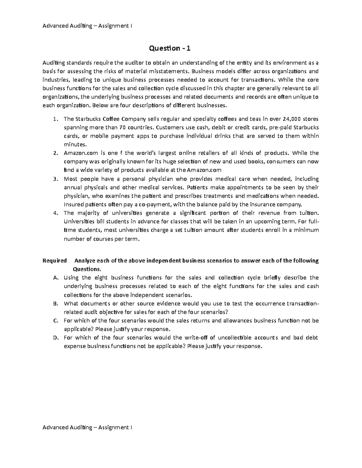 Case Studies - Advanced Auditing – Assignment I Question - 1 Auditing ...