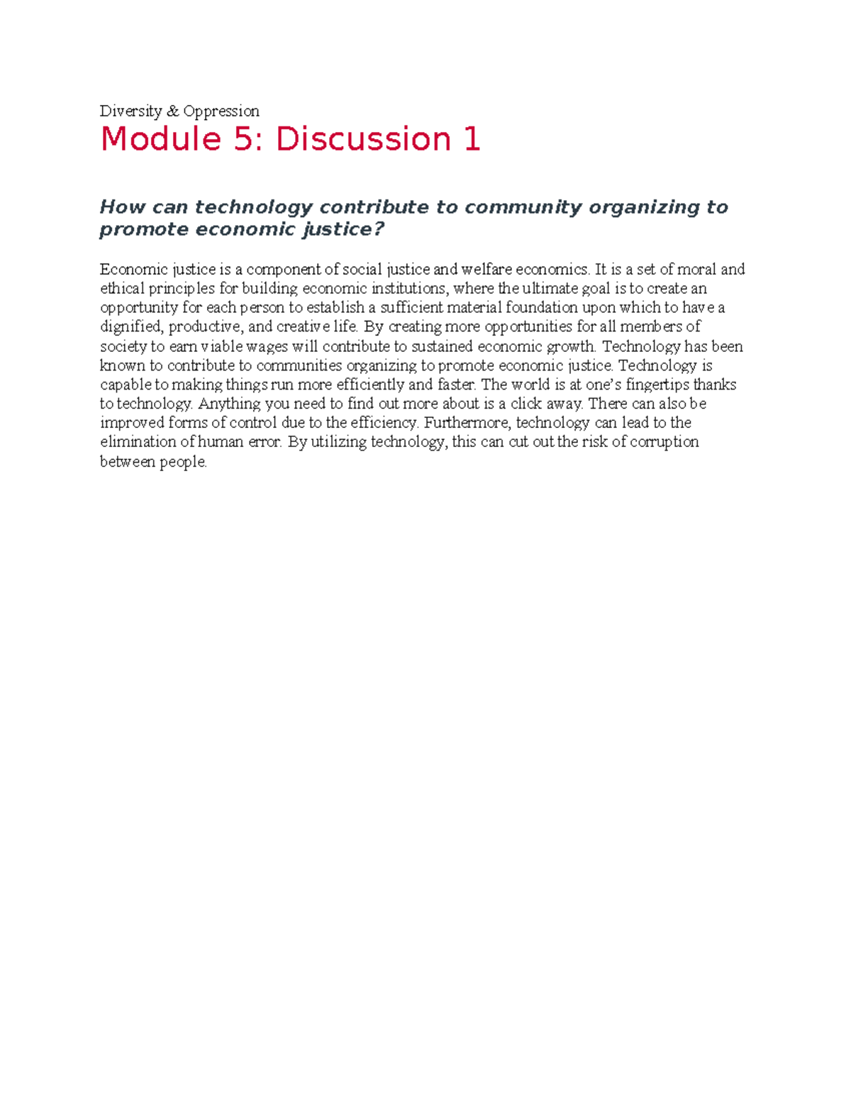 M5 discussion 1 - Diversity & Oppression Module 5: Discussion 1 How can ...