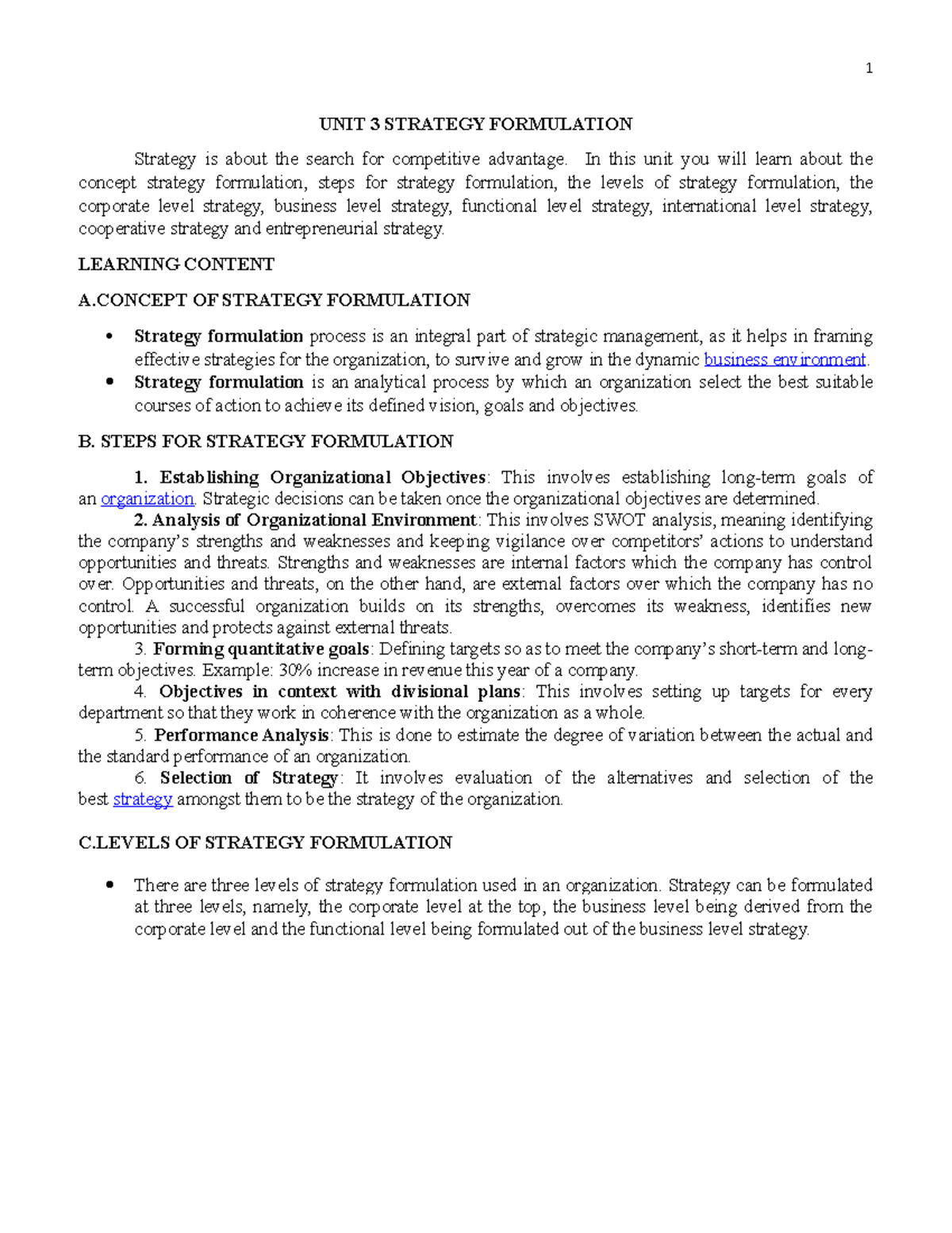 UNIT 3 Strategic Formulation - UNIT 3 STRATEGY FORMULATION Strategy is ...