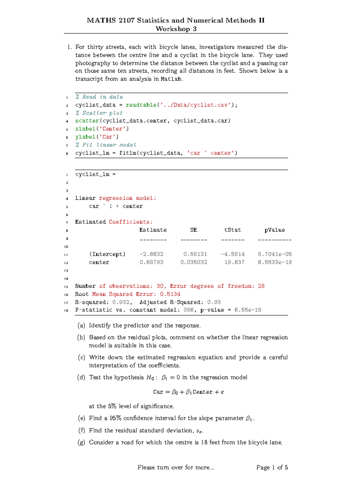 Snmws 3 - Workshop 1 - MATHS 2107 Statistics and Numerical Methods II Workshop 3 For thirty ...