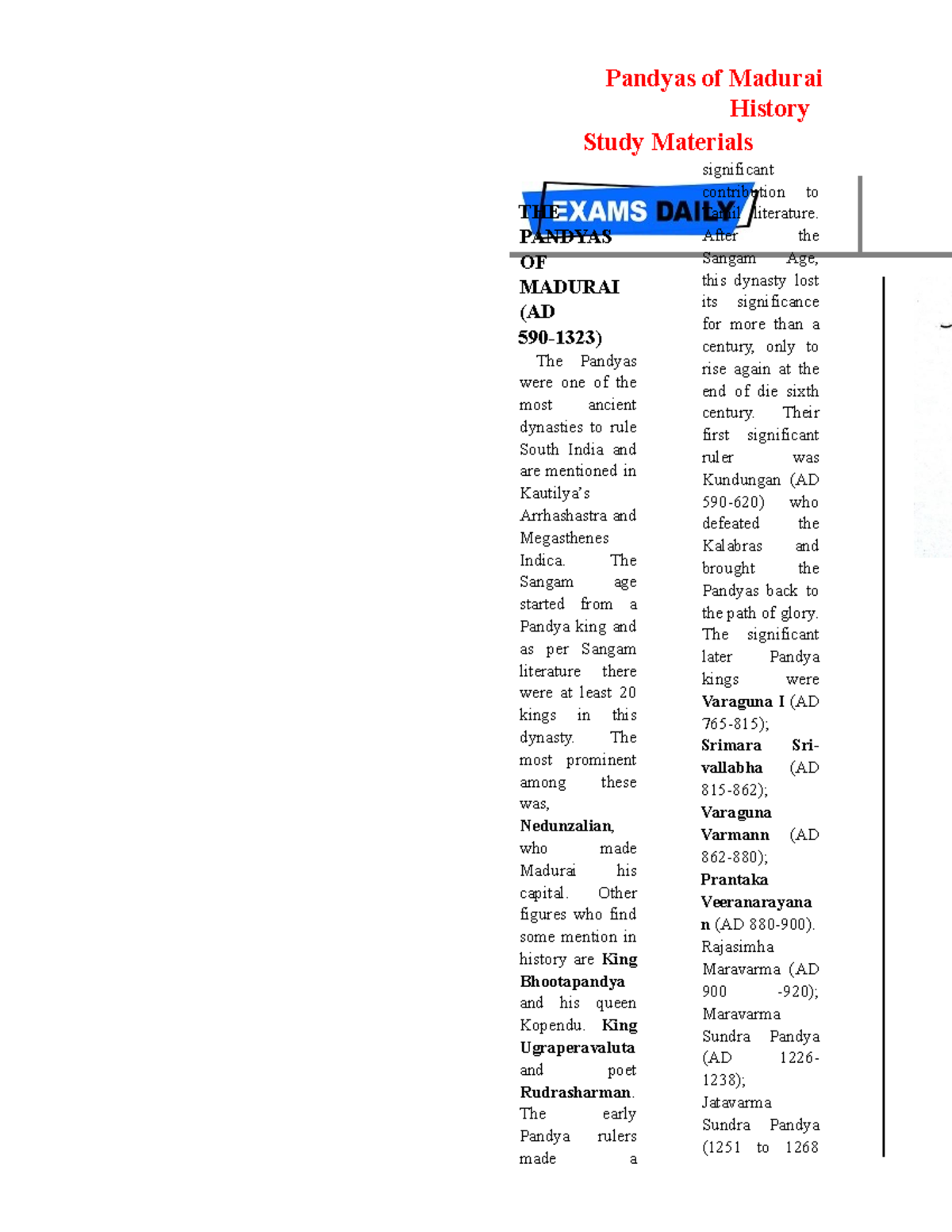 THE Pandyas OF Madurai - Pandyas of Madurai History Study Materials THE ...