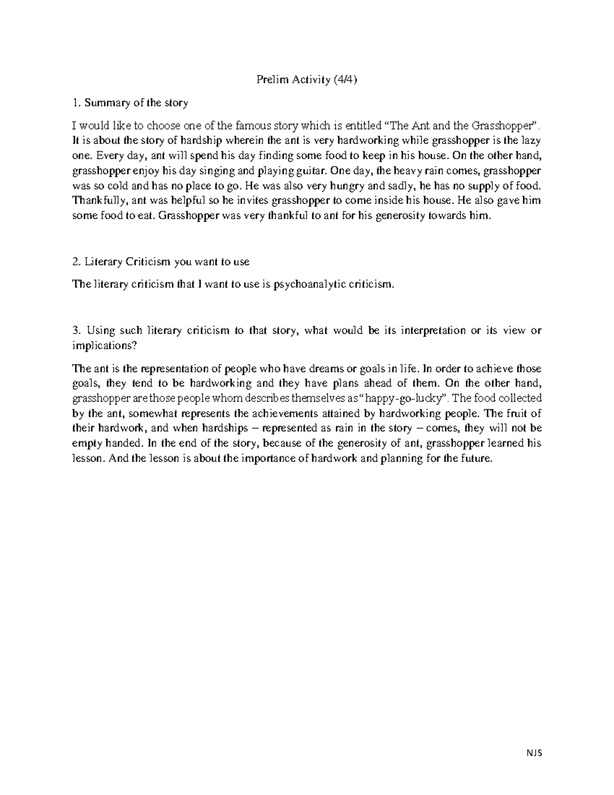 5. Literary Criticism - A summary about the story of "The Ant and the ...