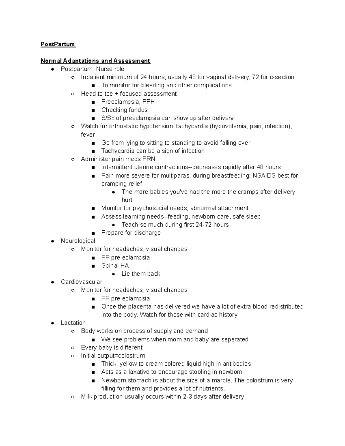 OB Class 9 - Lecture notes - PostPartum Normal Adaptations and ...