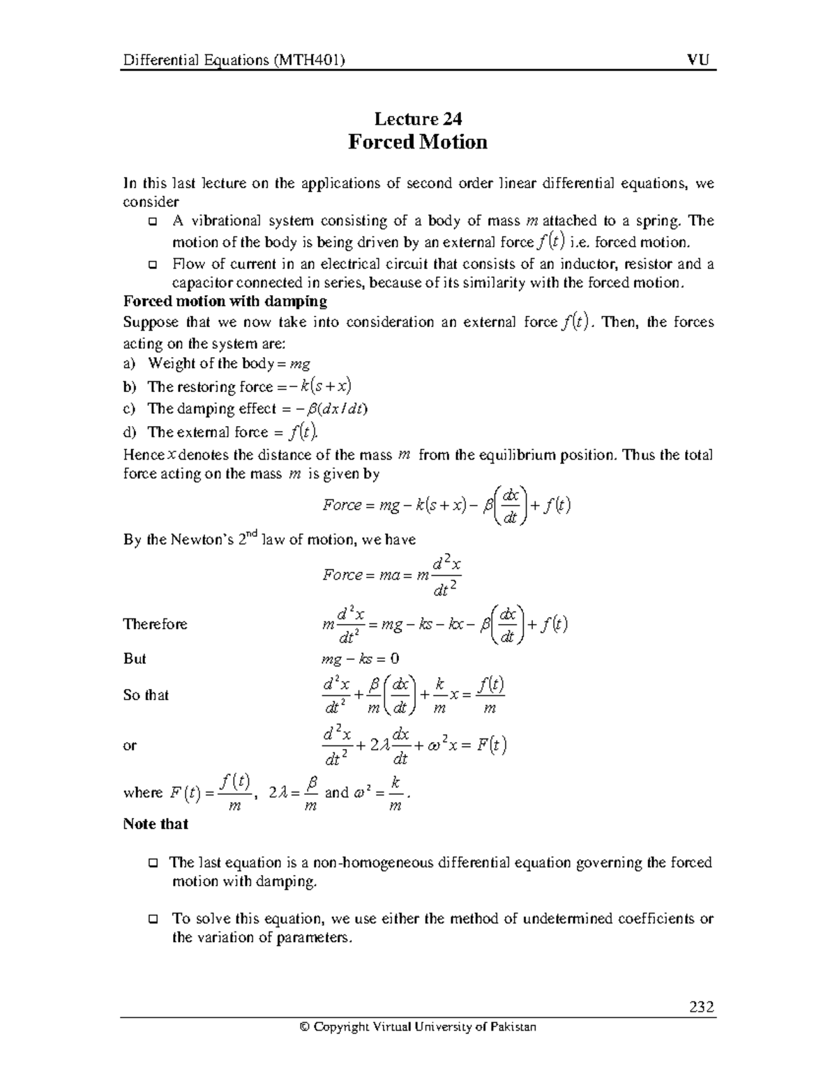 Lecture 24 - Differential Equation notes - Lecture 24 Forced Motion In ...