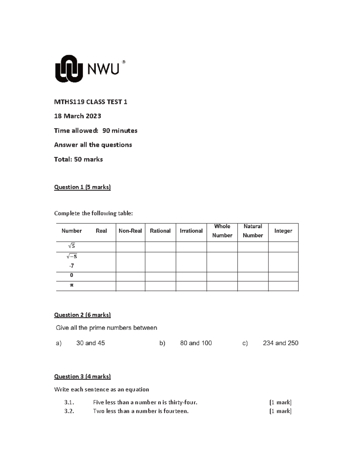MTHS 119 Test 1 2023 - Maths practice material - INFS 221 - MTHS119 ...