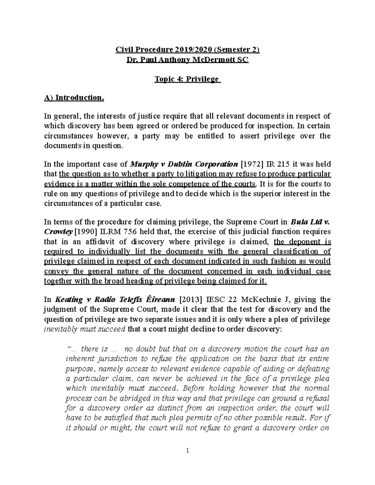 Civil Procedure 2019 topic 4 privilege - Civil Procedure 2019/2020 ...