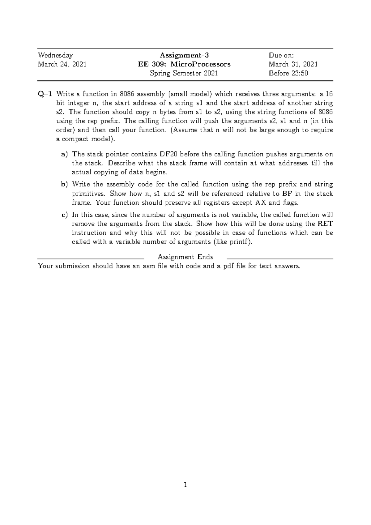 EE309 Assignment 3 - Wednesday March 24, 2021 Assignment- EE 309: MicroProcessors Spring ...