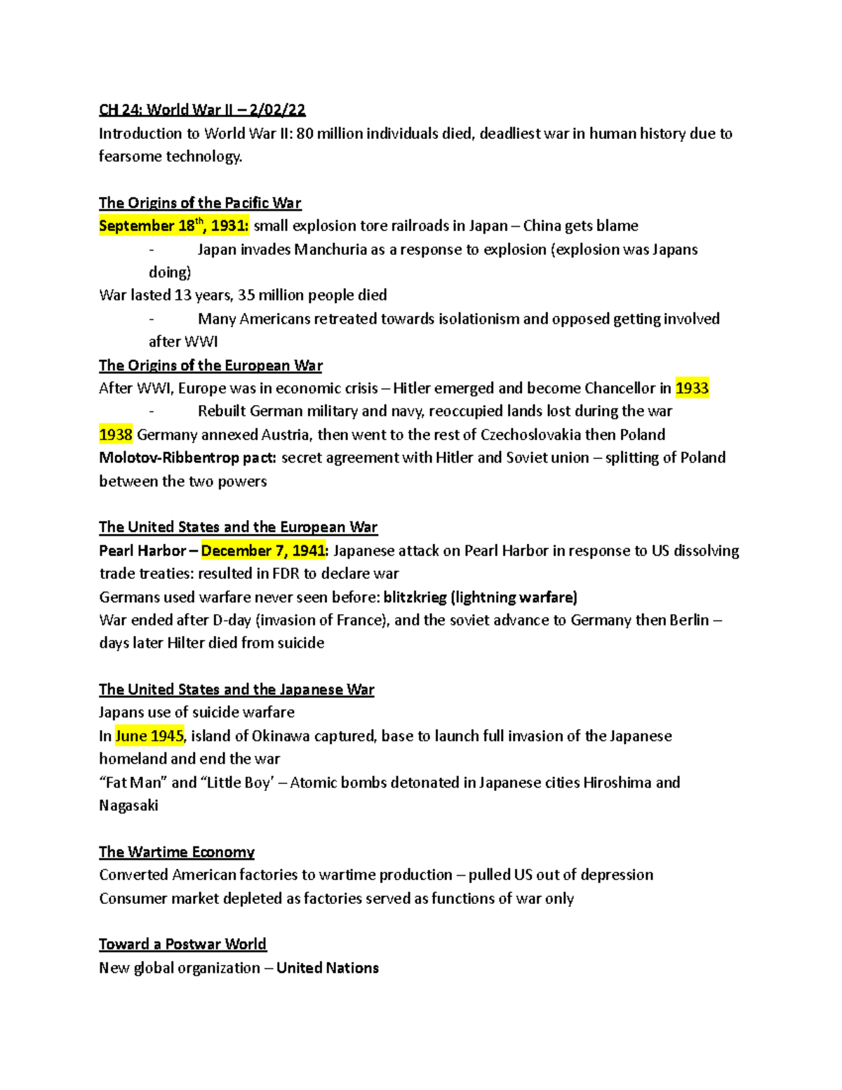 CH 24 World War II - Grubbs - CH 24: World War II – 2/02/ Introduction ...