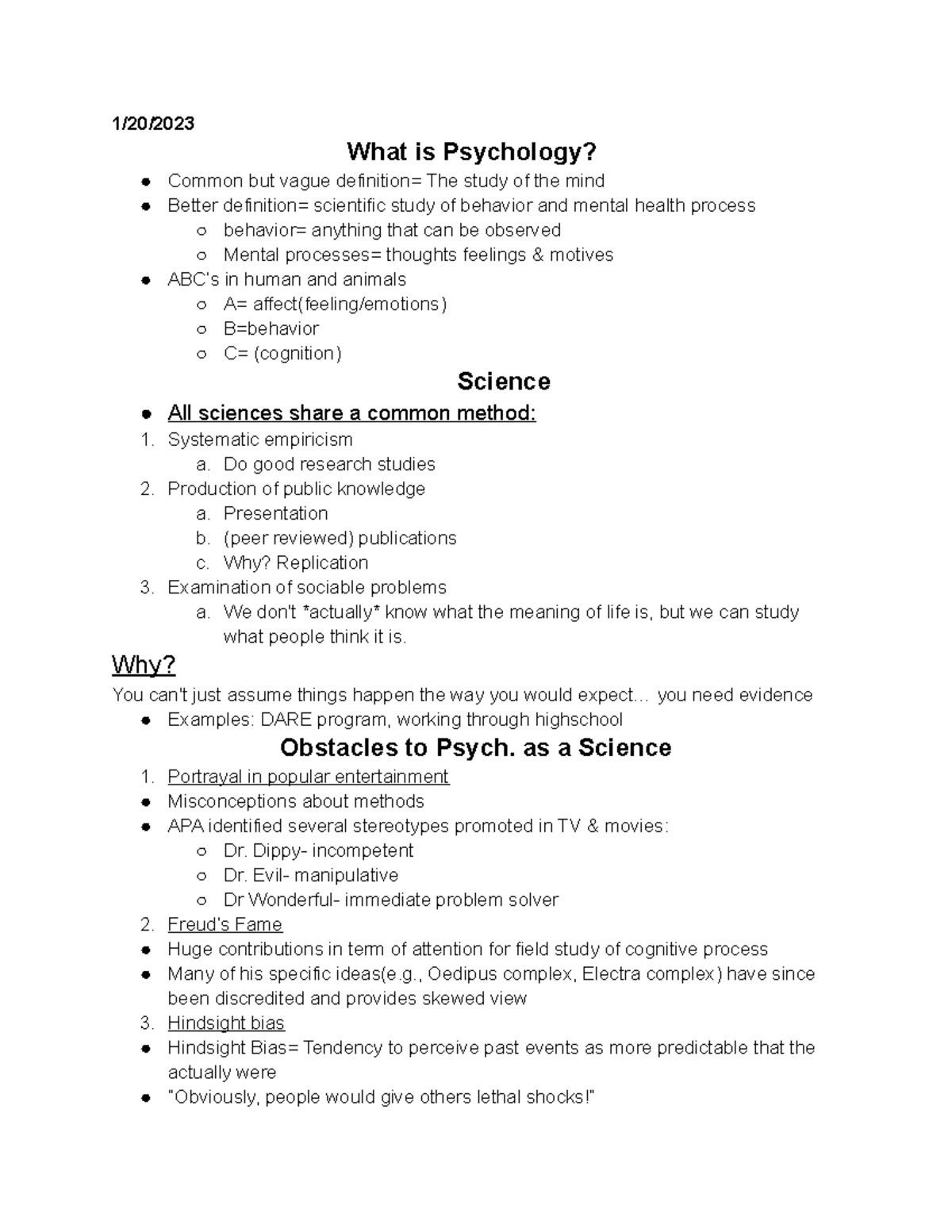 Psychologhy - notes from slide - 1/20/ What is Psychology? Common but ...