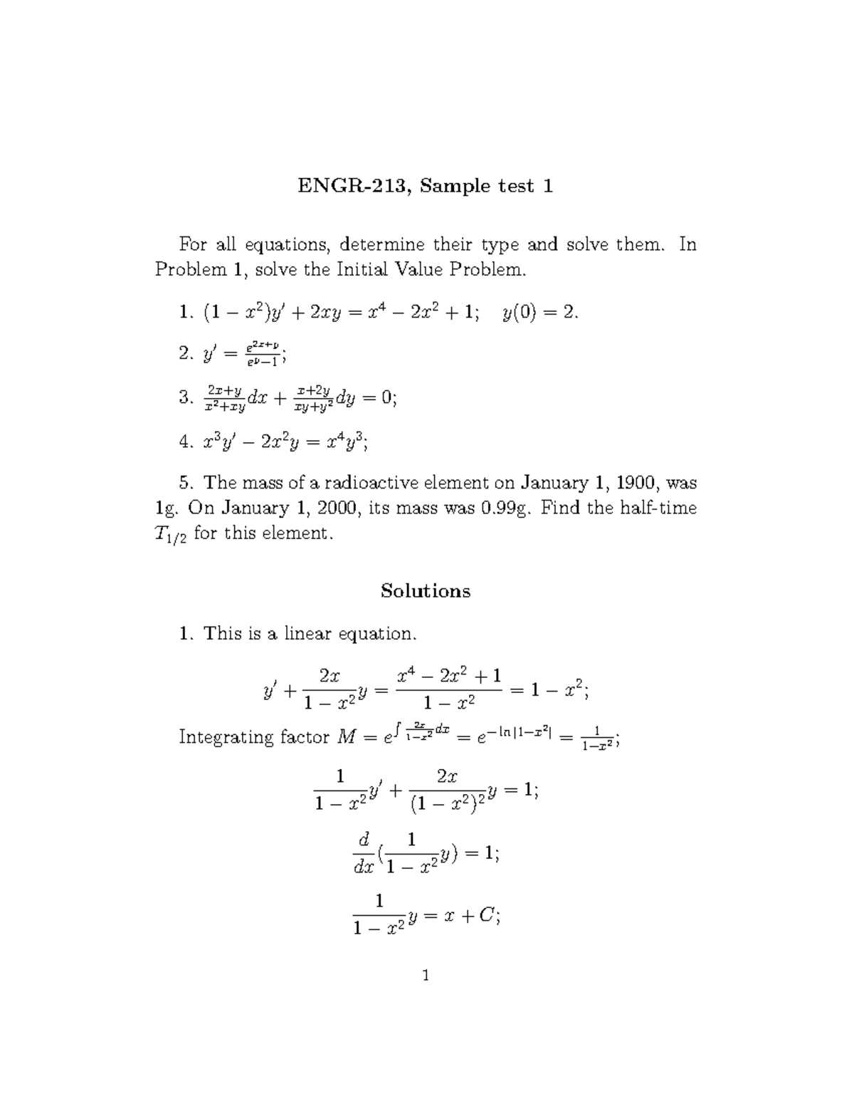 Engr 213 Midterm 1 Sample 2 Engr 213 Sample Test 1 For All Equations Determine Their Type