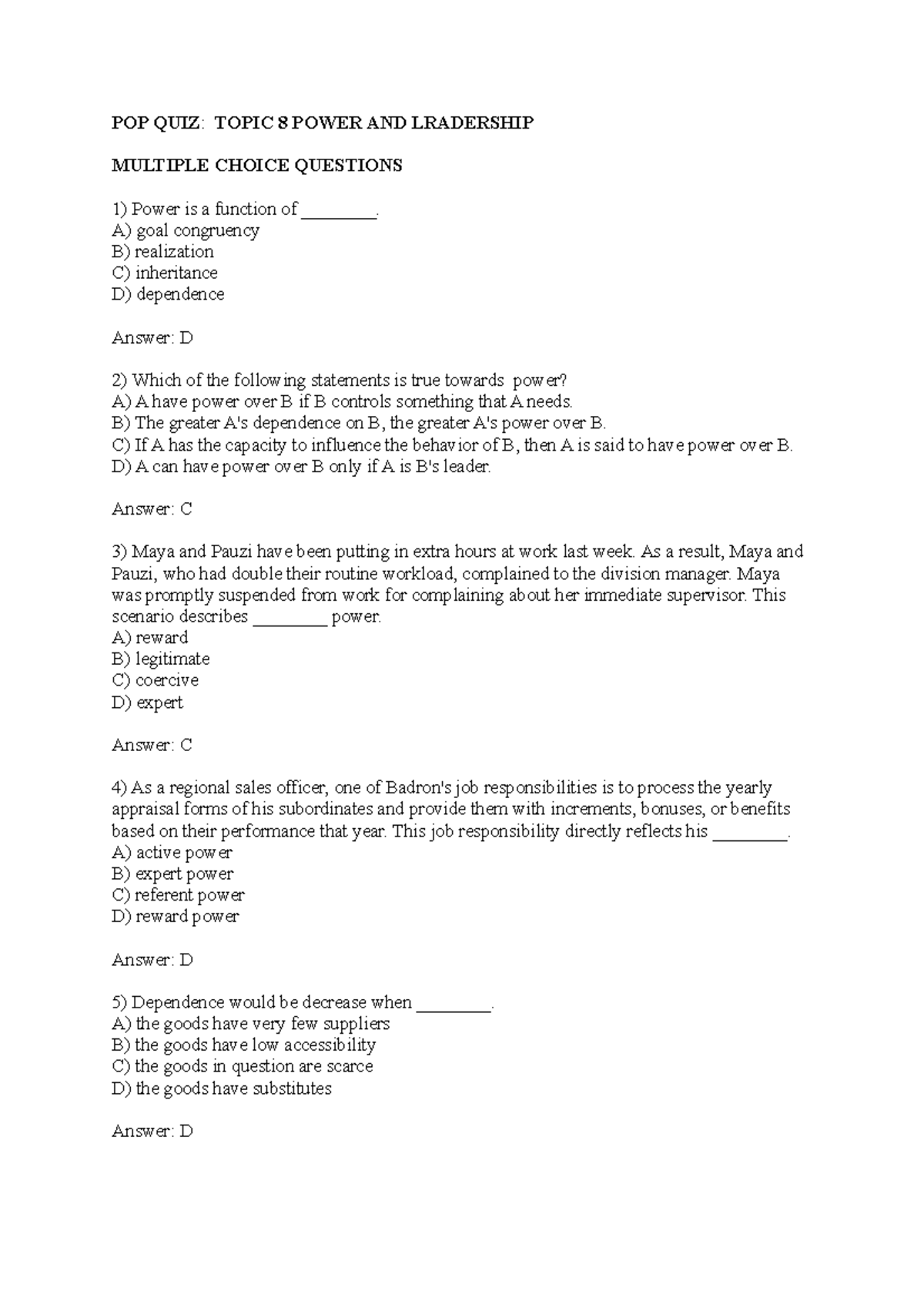 Quiz Topic 8 Power and Leadership - POP QUIZ : TOPIC 8 POWER AND ...