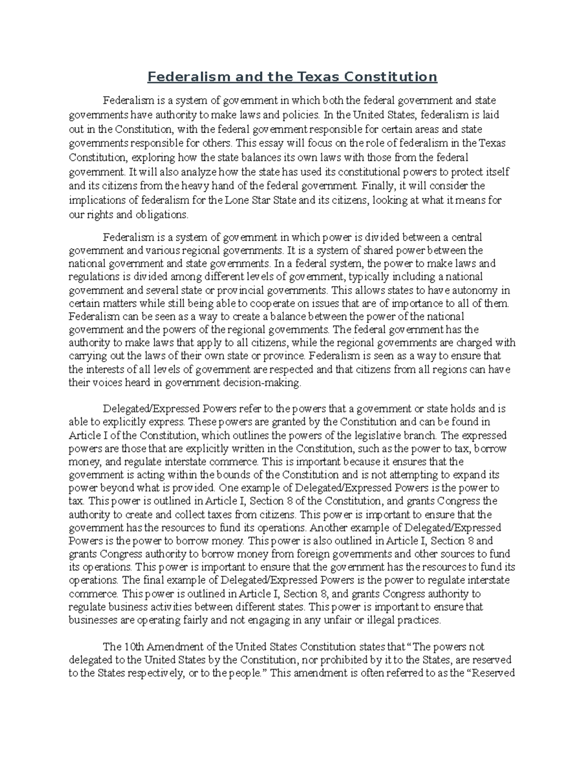 TX Government- Federalism and the Texas Constitution - Federalism and ...