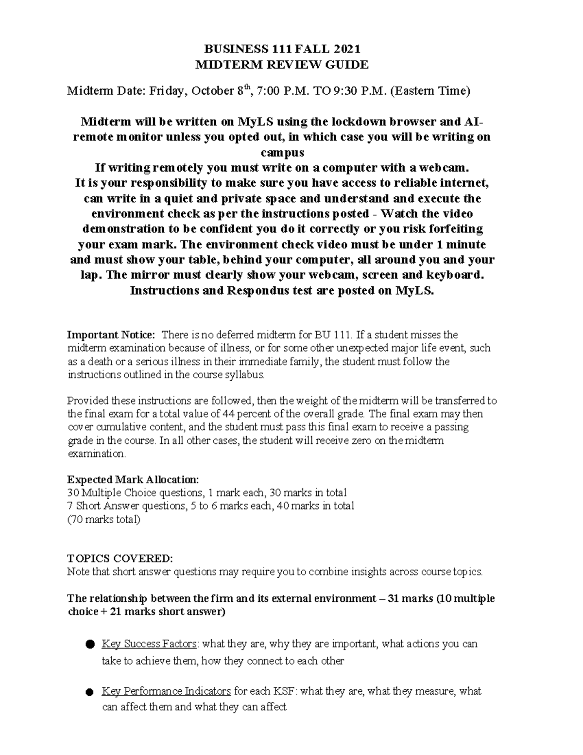 BU111 Midterm Review Guide Fall 2021 - BUSINESS 111 FALL 2021 MIDTERM ...
