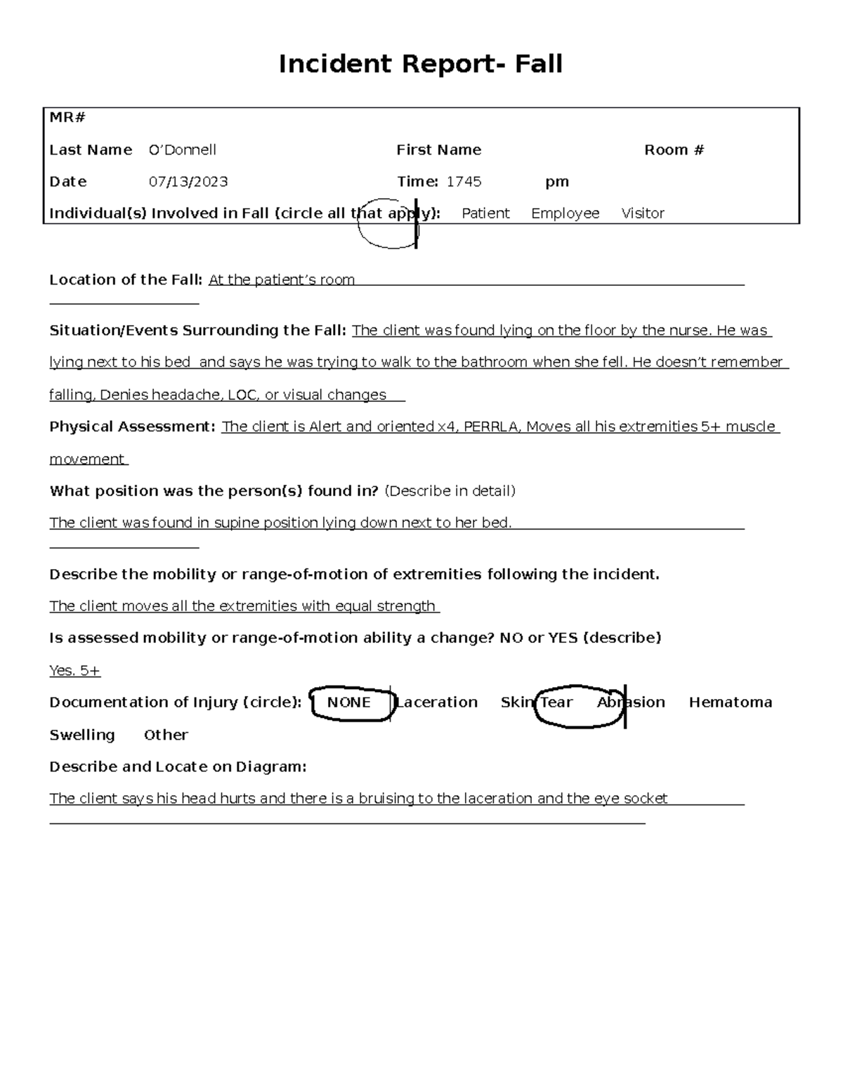 Incident Report Fall - informatics - NRSE 3350 - ETSU - Studocu