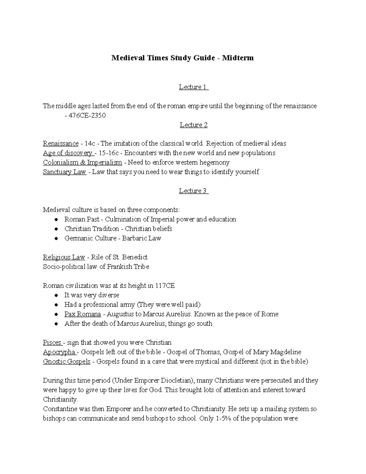 Medieval Times 1 - Lecture notes 1-8 - Medieval Times Study Guide ...