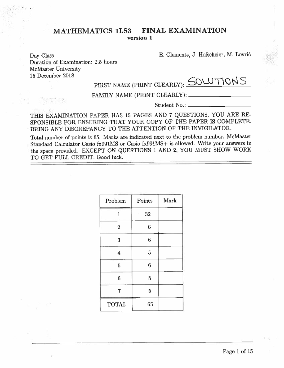1ls3exam fall2018 solutions - Math 1Ls3 - Studocu