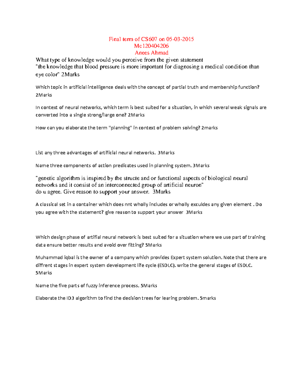 CS607 final term paper of - Final term of CS607 on 05-03- Mc Anees ...