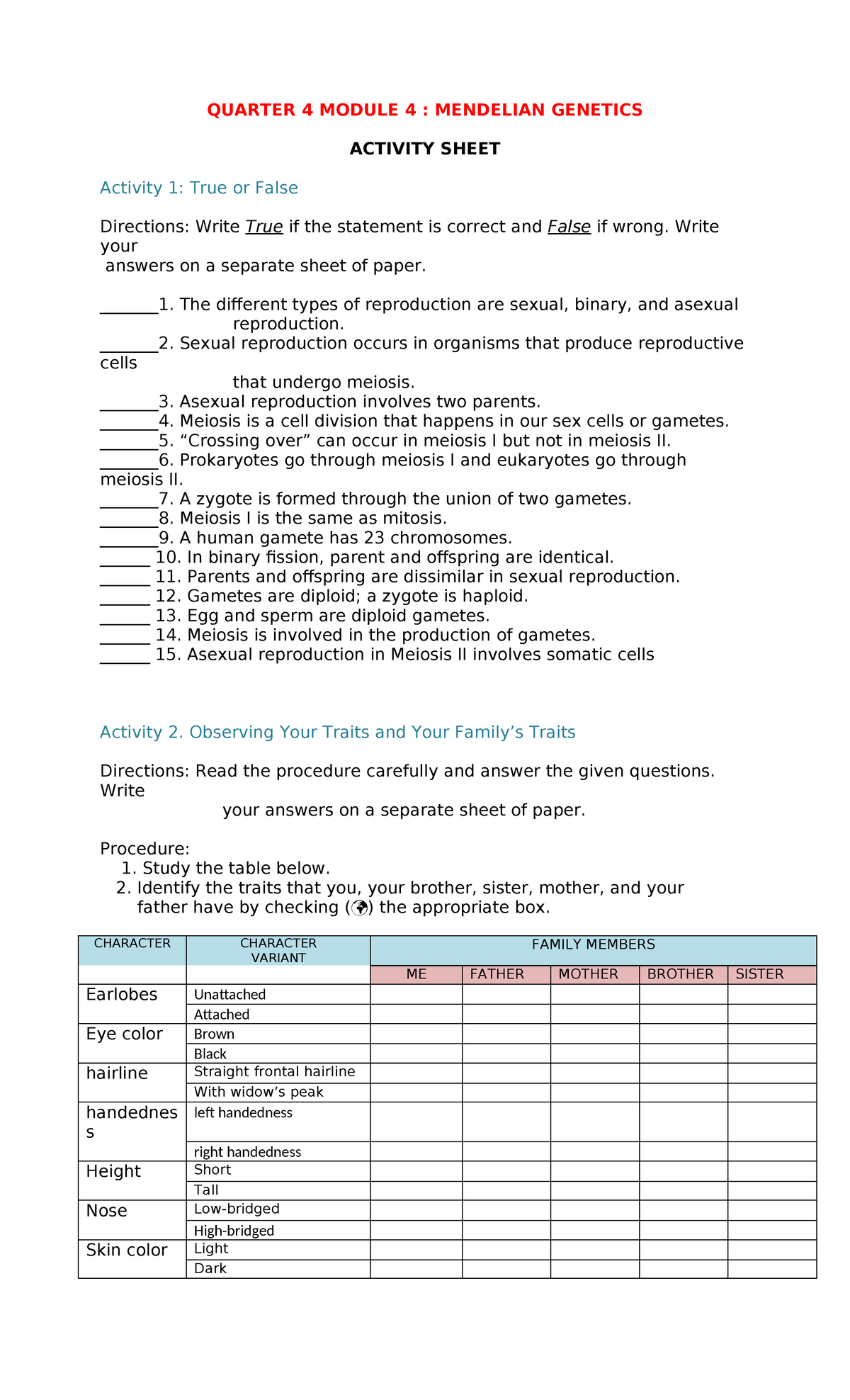 Quarter 4 Module 4 activity - QUARTER 4 MODULE 4 : MENDELIAN GENETICS ...