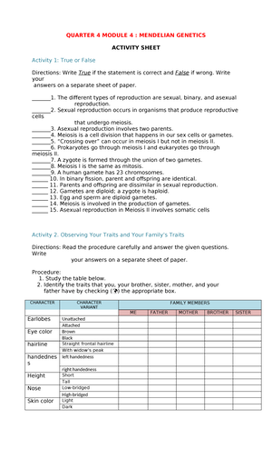 Quarter 4 Module 4 activity - QUARTER 4 MODULE 4 : MENDELIAN GENETICS ...