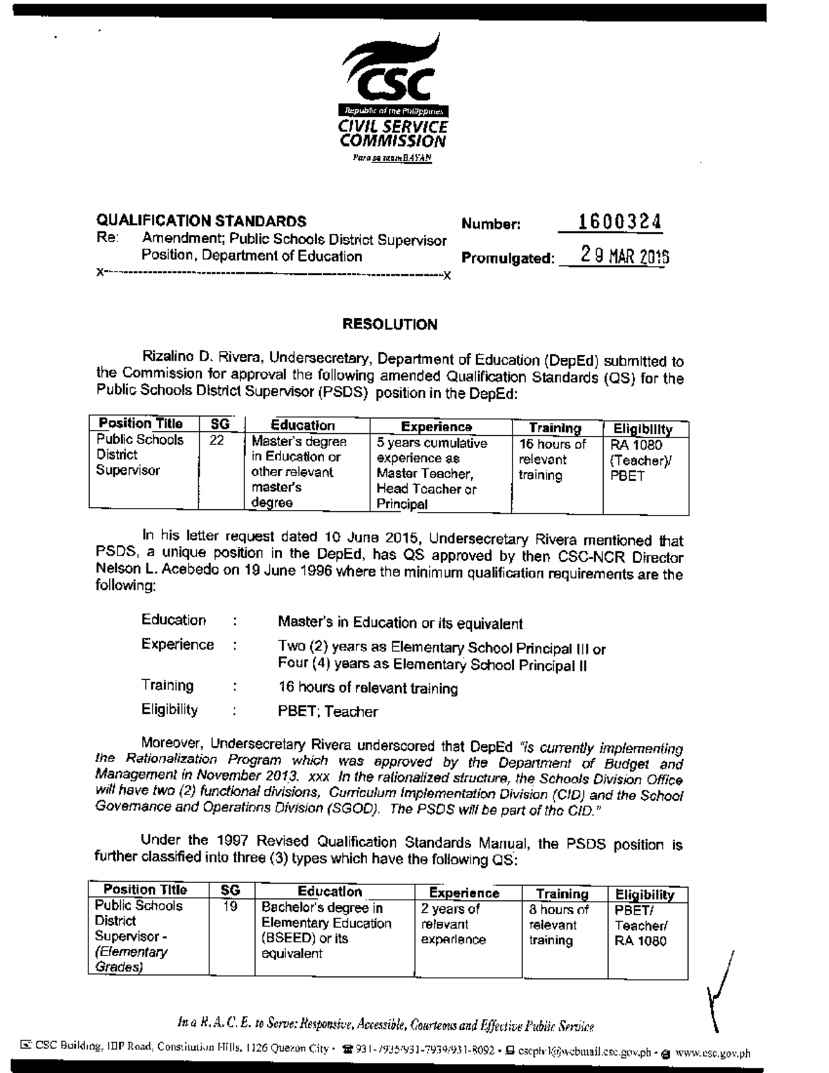 CSC Resolution No. 1600324 QS PSDS - BS Education - Studocu