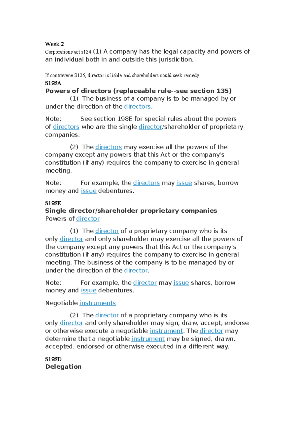 TL2001 1 Week 2 - corporations Act power of director, definition of ...