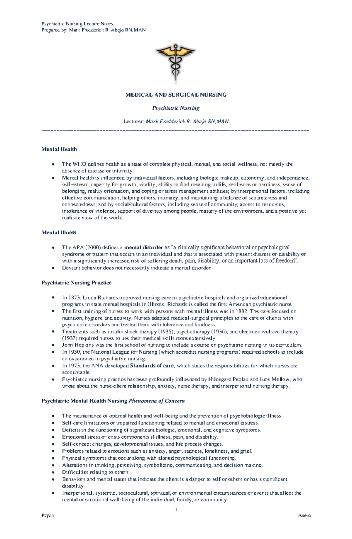 Psychiatric Nursing lecture notes - Prepared by: Mark Fredderick R ...