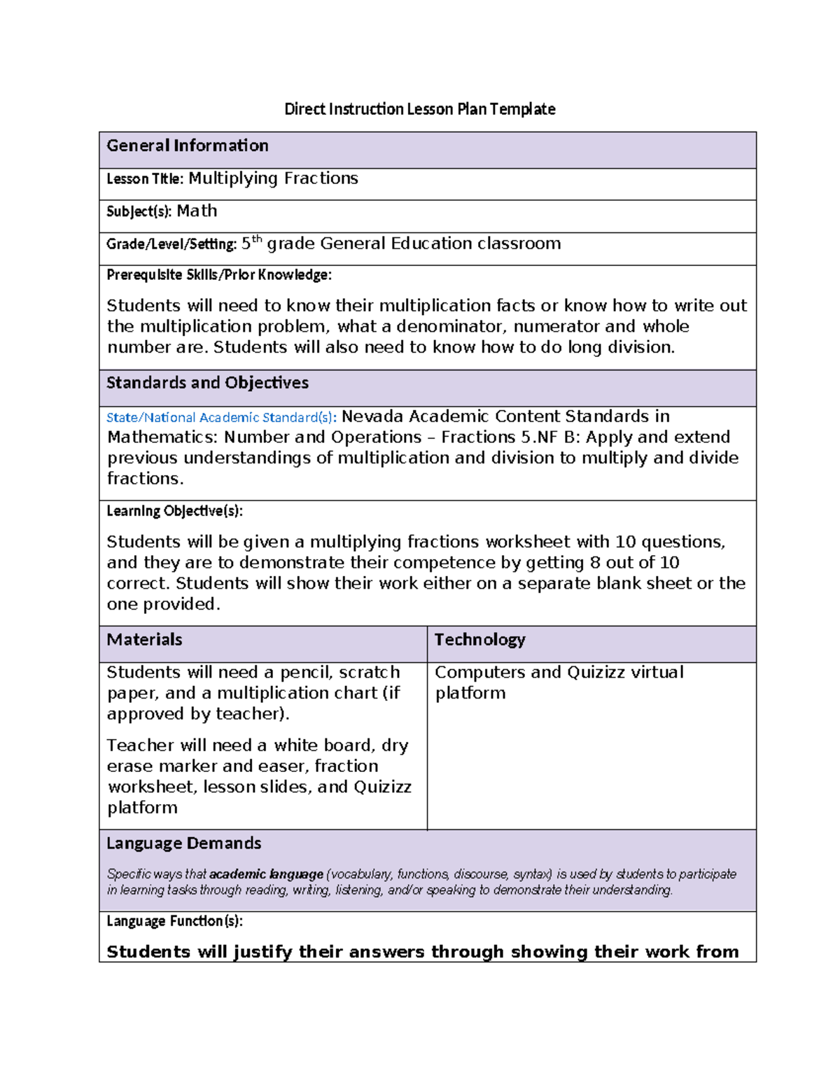 General Elementary Mathematics Task 1 - Direct Instruction Lesson Plan Template General ...