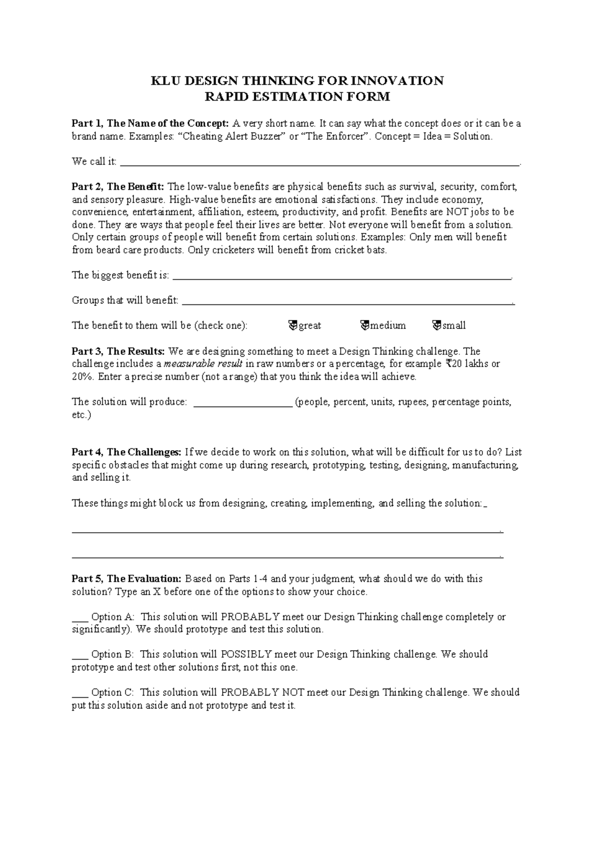 KLU Rapid Estimation Form - KLU DESIGN THINKING FOR INNOVATION RAPID ...