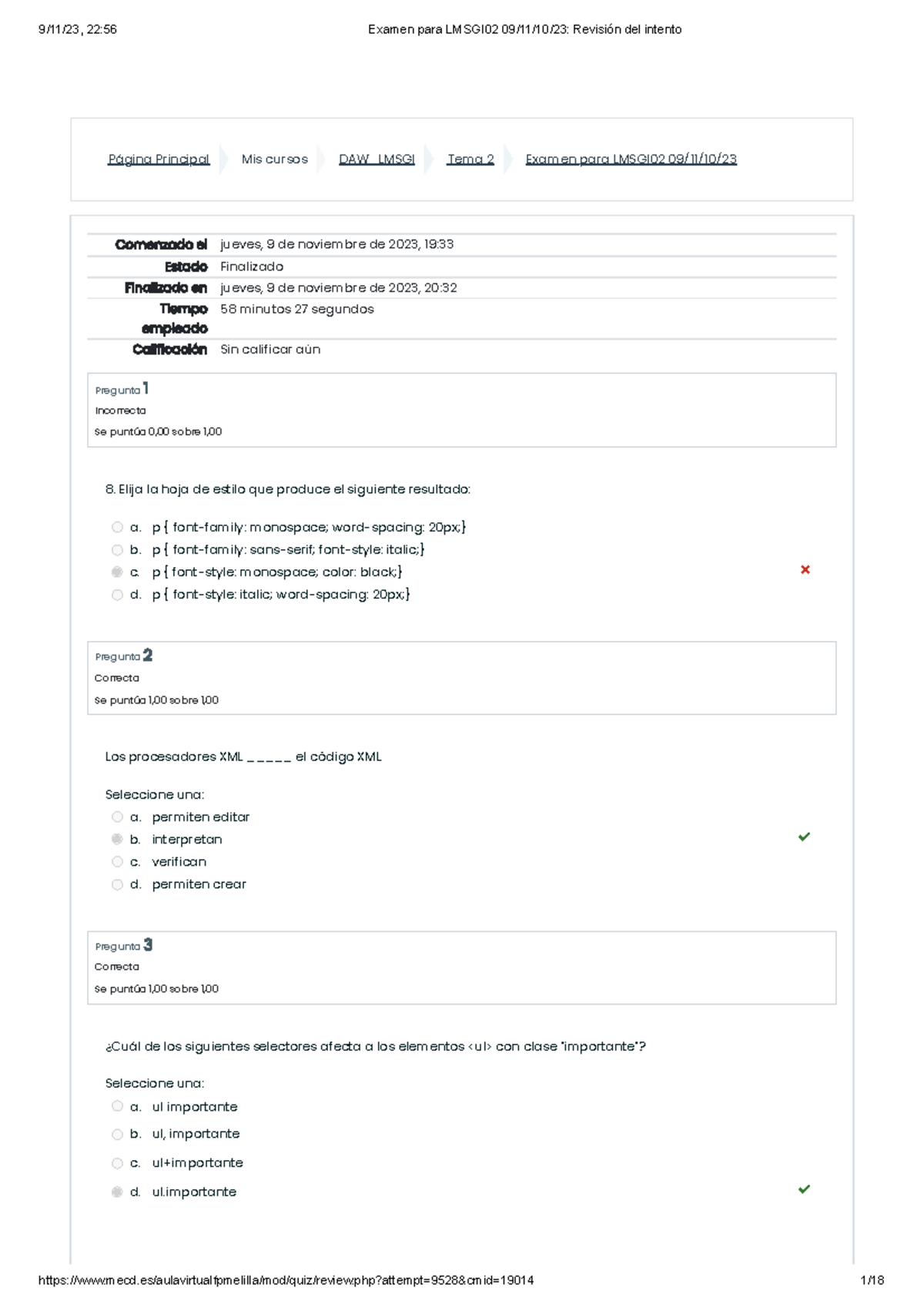 Examen para Lmsgi 02 09 11 10 23 Revisión del intento - Página Principal Mis cursos DAW_LMSGI ...