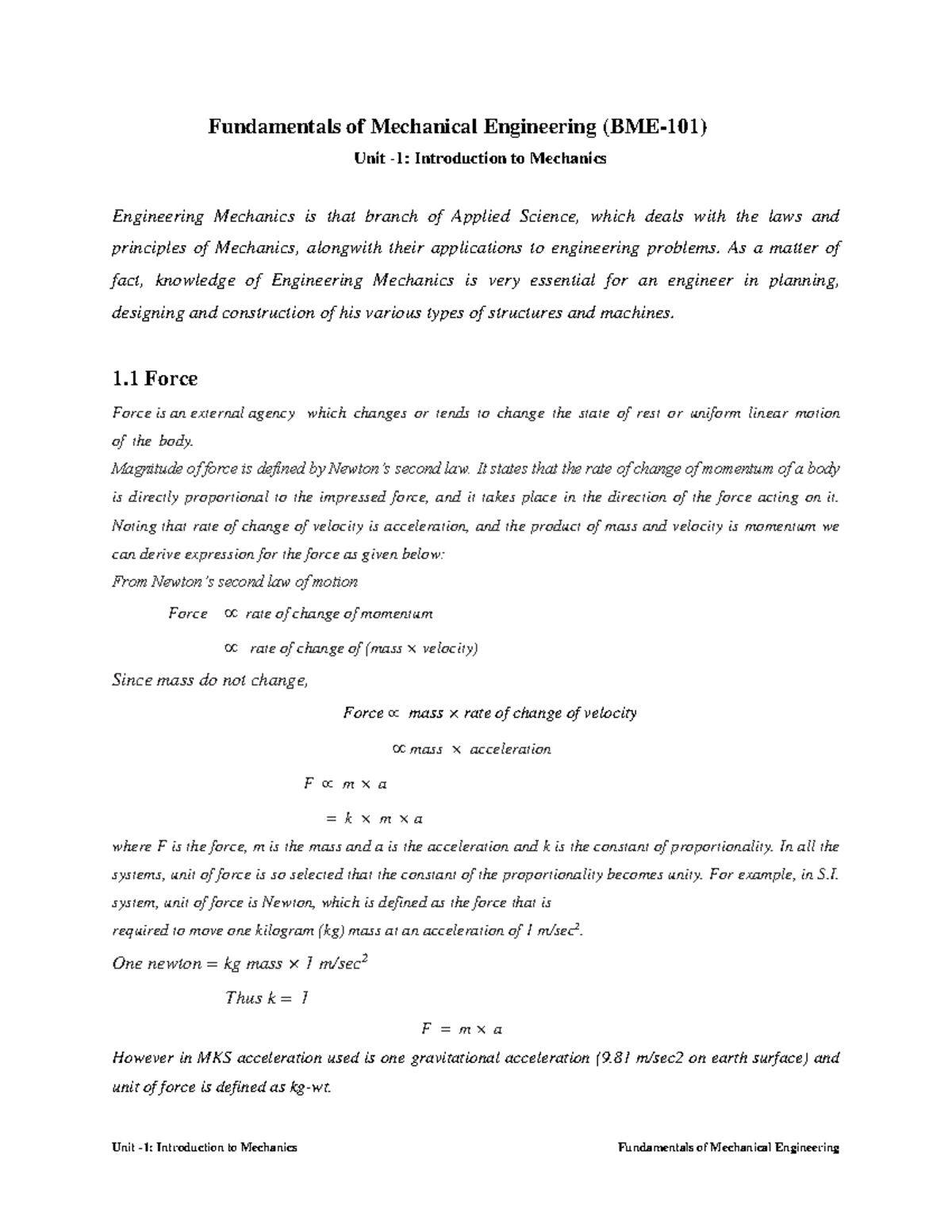Unit-1 FME - Unit 1 - Fundamentals of Mechanical Engineering (BME-101) Unit -1: Introduction to ...