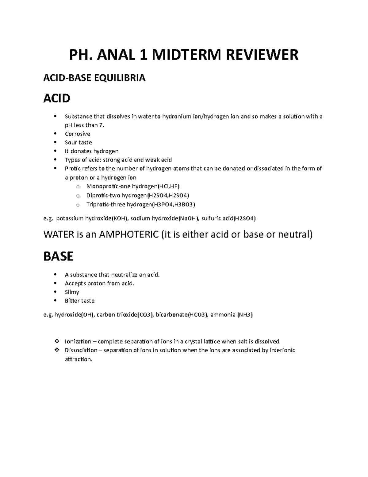PH - ANAL 1-MIDTERM-REVIEWER - PH. ANAL 1 MIDTERM REVIEWER ACID-BASE ...