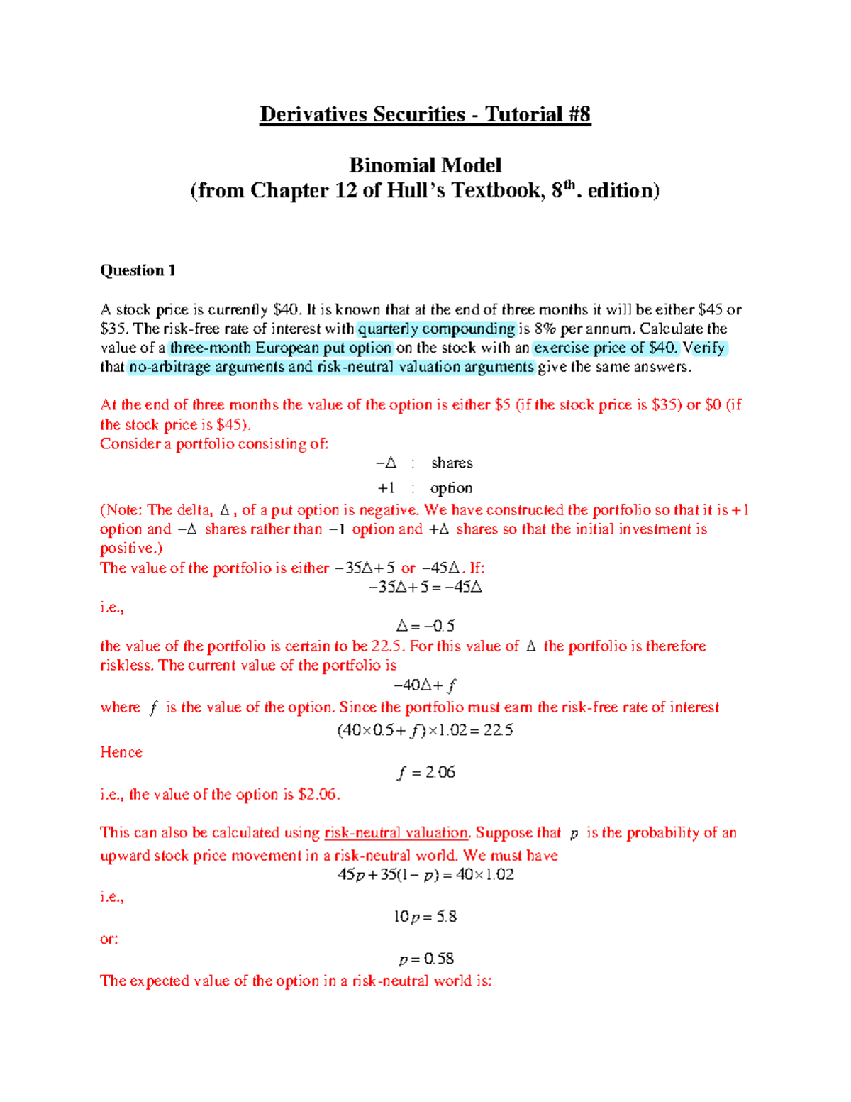 Tutorial 8 Question and Answer - Derivatives Securities - Tutorial ...