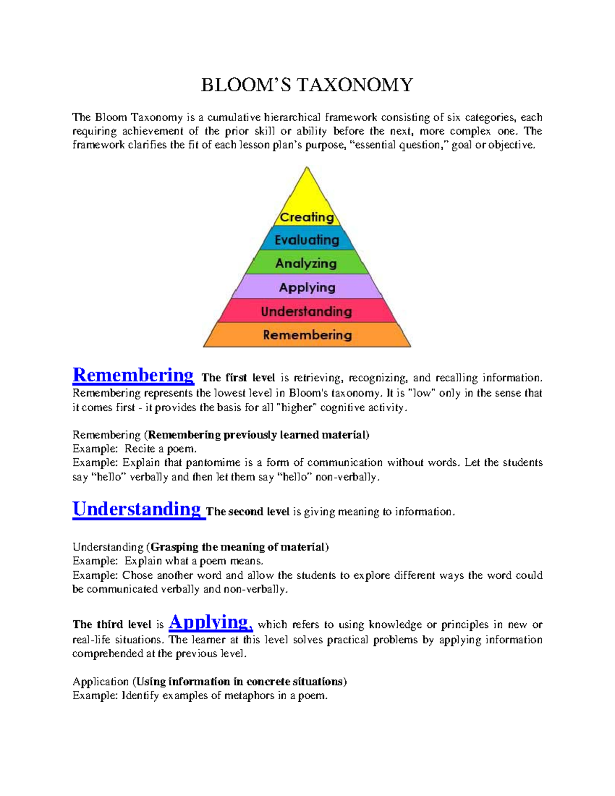 Blooms-Taxonomy-2011 - BLOOM’S TAXONOMY The Bloom Taxonomy is a cumulative hierarchical ...