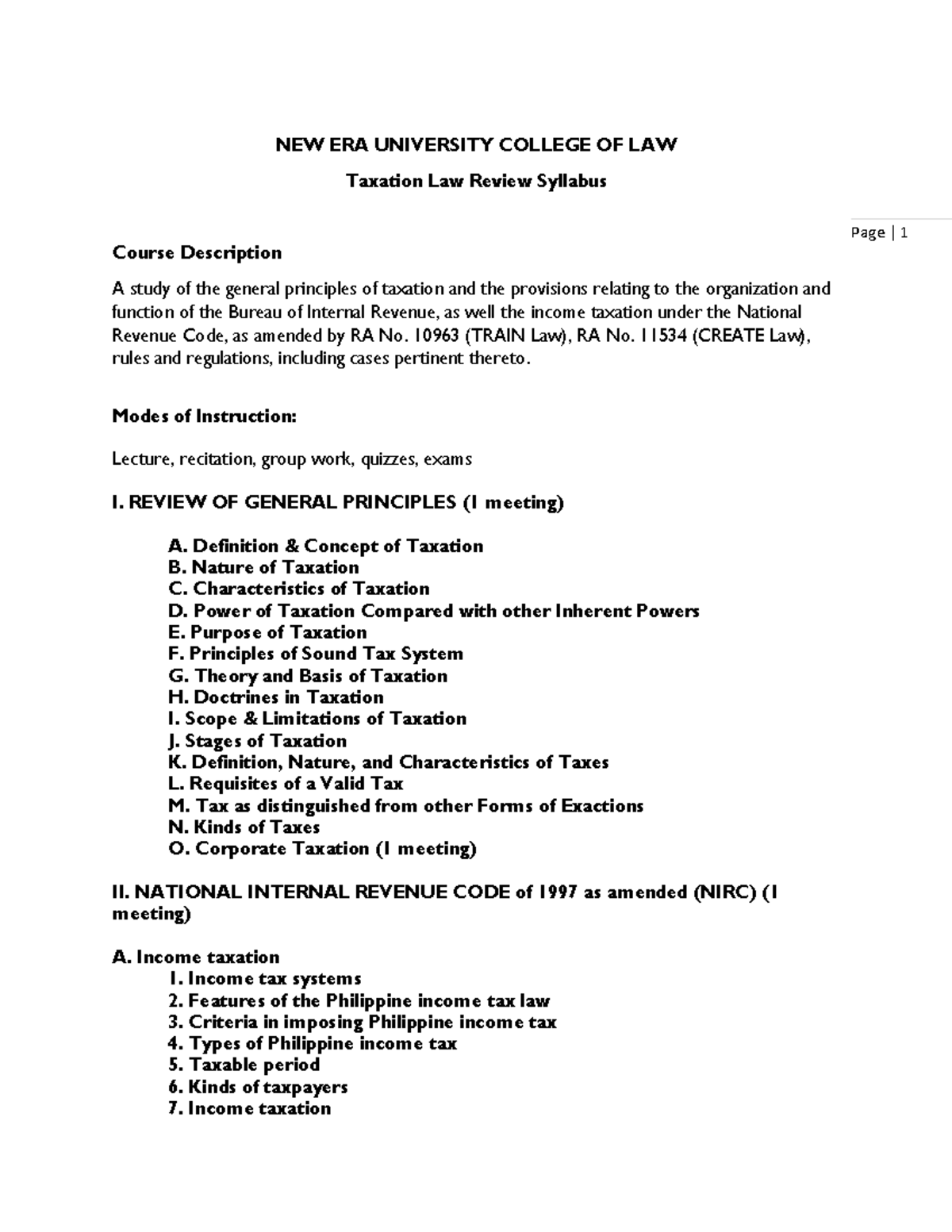 Taxrev Syllabus - law - Page | 1 NEW ERA UNIVERSITY COLLEGE OF LAW ...