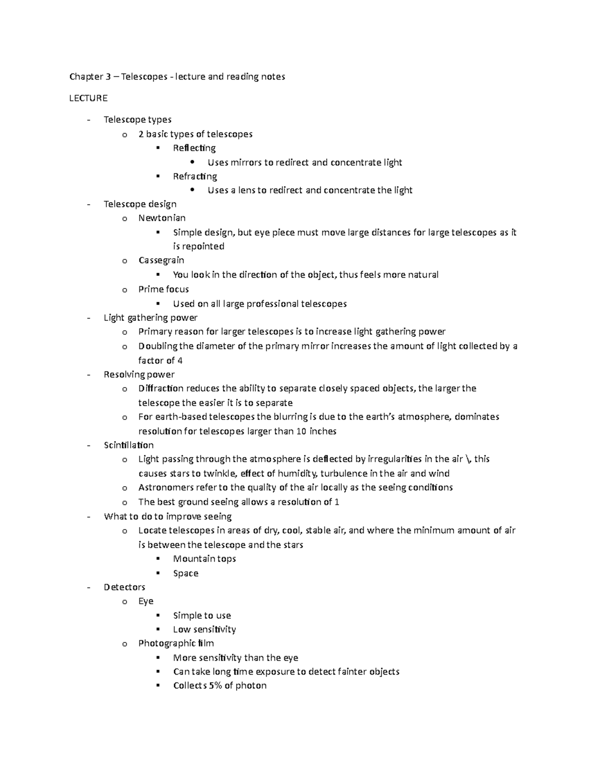 Astronomy Chapter 3 - telescopes - Chapter 3 – Telescopes - lecture and ...