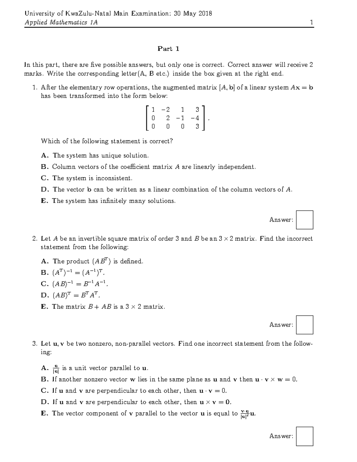 Exam 2018 - Applied Mathematics 1A 1 Part 1 In this part, there are ...