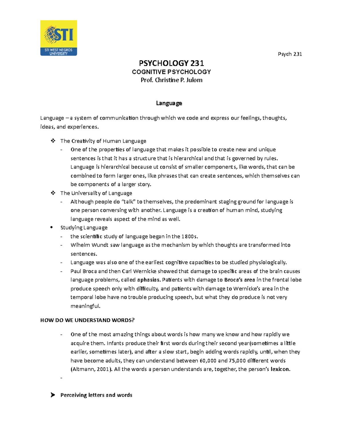 Inbound 1616746874378981063 - PSYCHOLOGY 231 COGNITIVE PSYCHOLOGY Prof ...