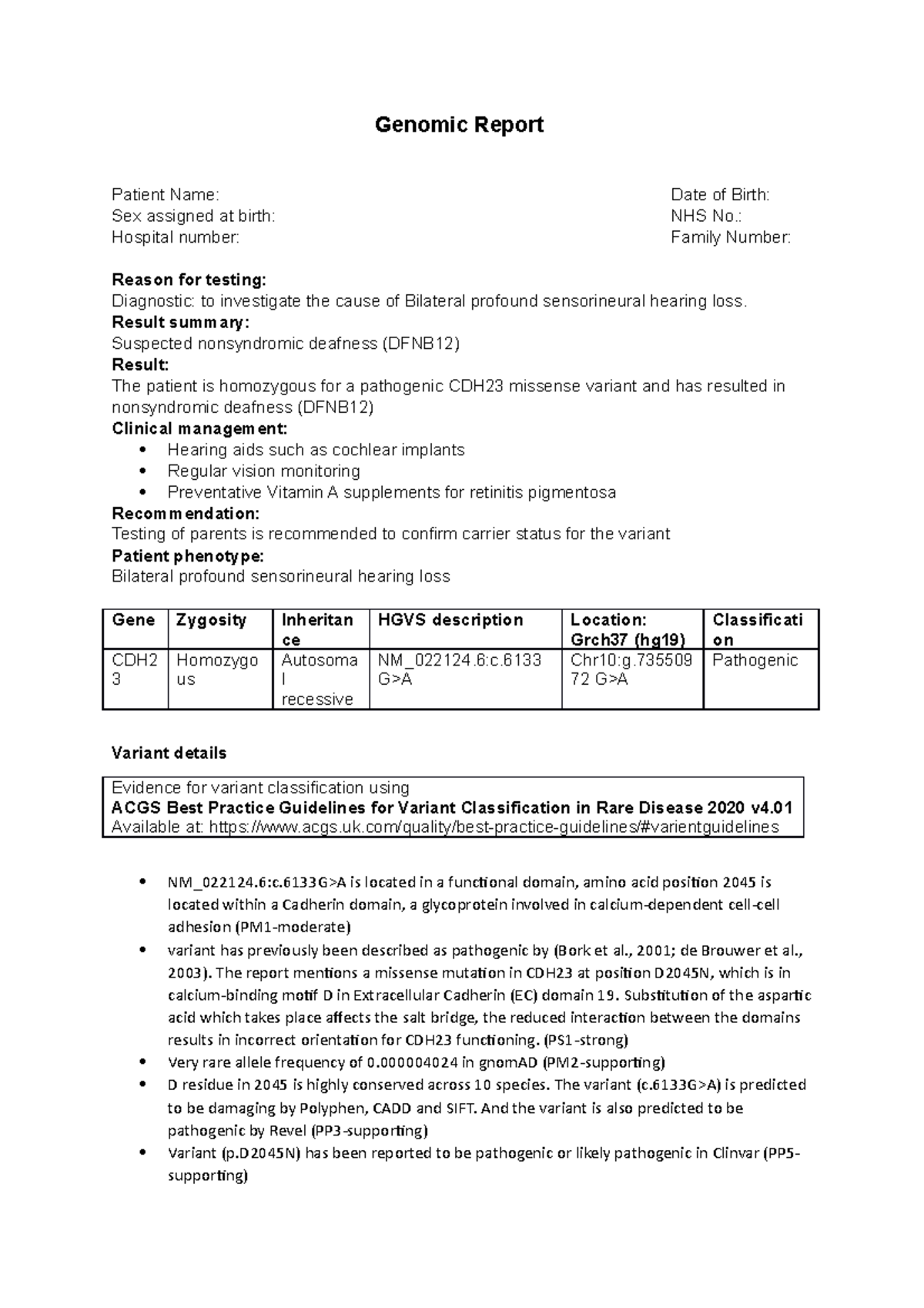 Genetic report CDH23 - Lecture notes 10 - 6H4Z1004 - MMU - Studocu