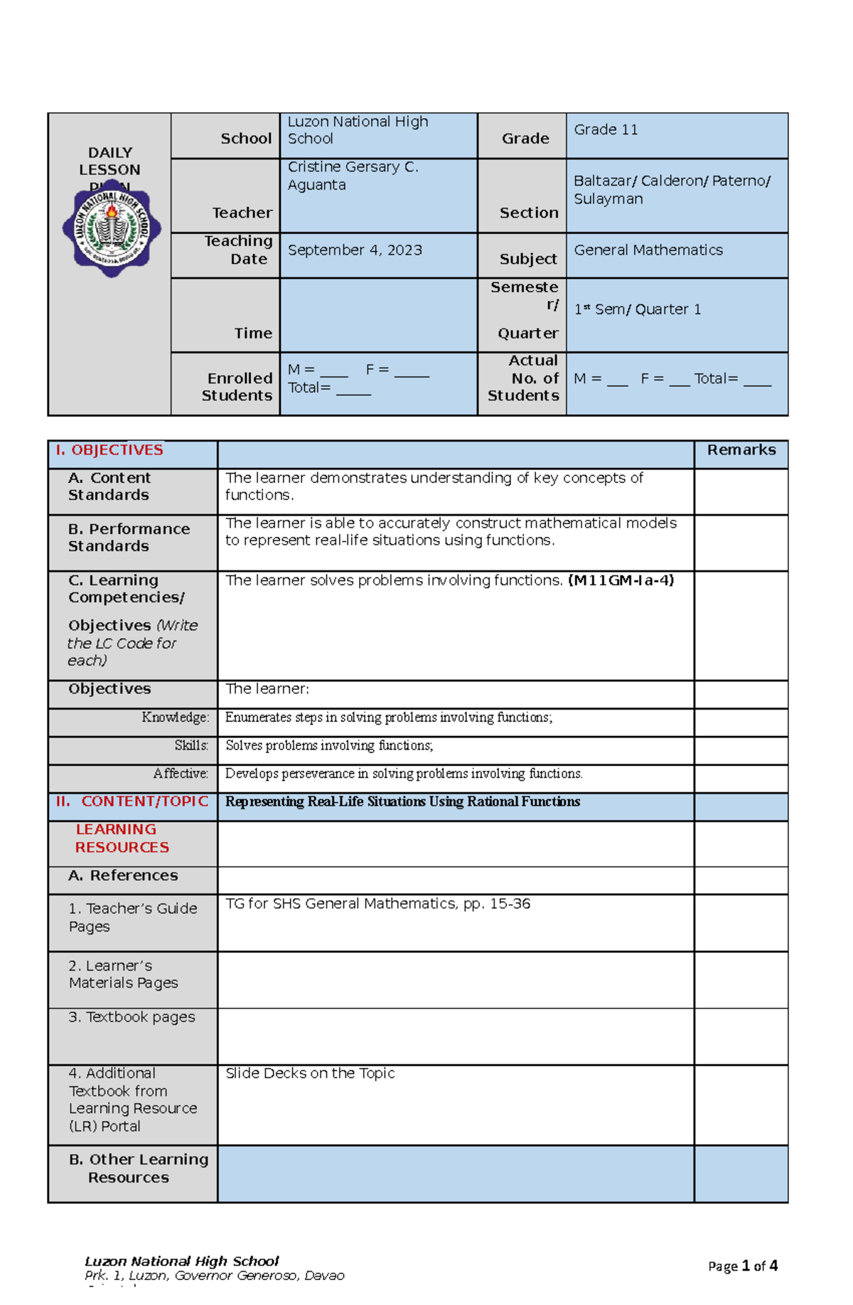 DLP GEN MATH WK2 D1 - General Mathematics Lesson Plan - DAILY LESSON ...