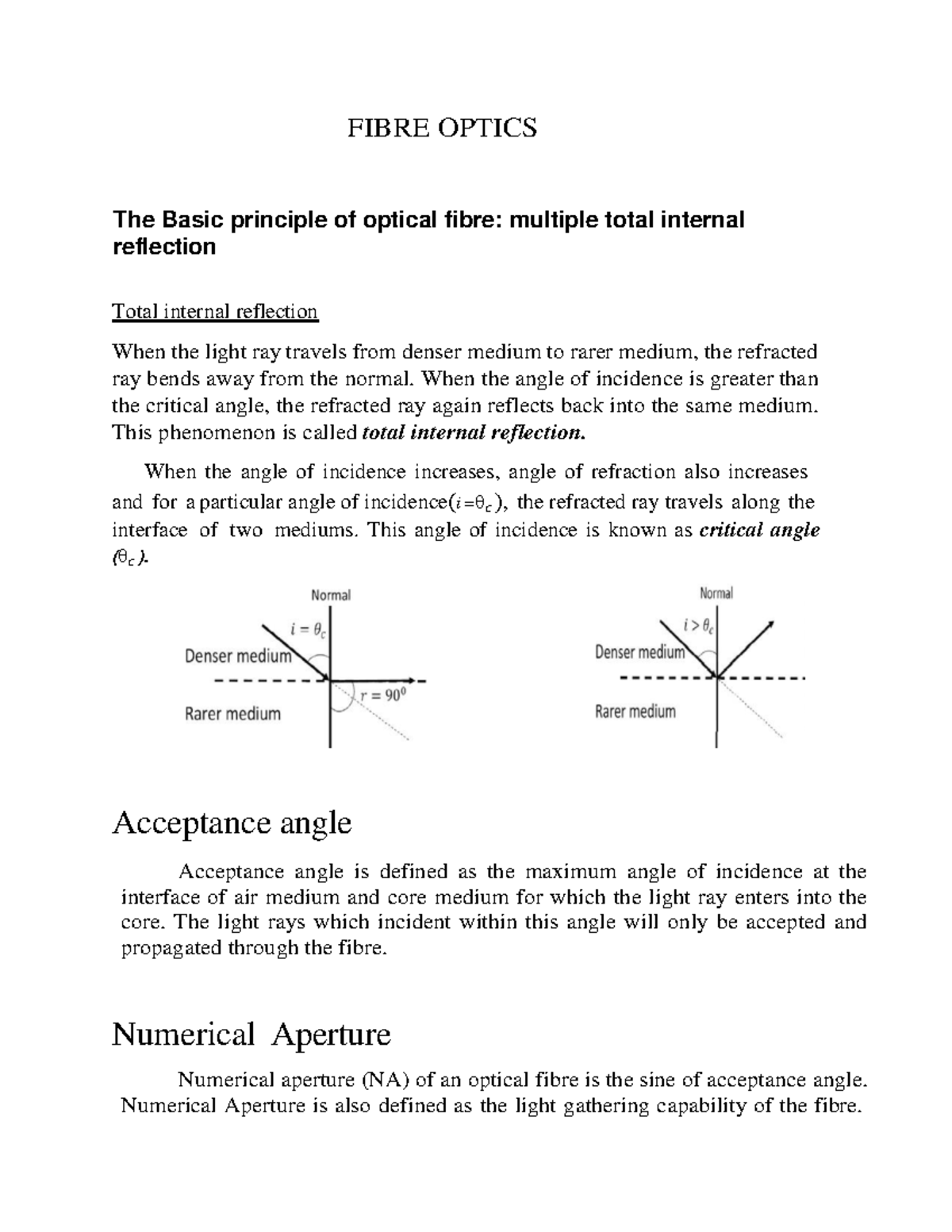 Fibre Optics INTRODUCTION - FIBRE OPTICS The Basic principle of optical ...