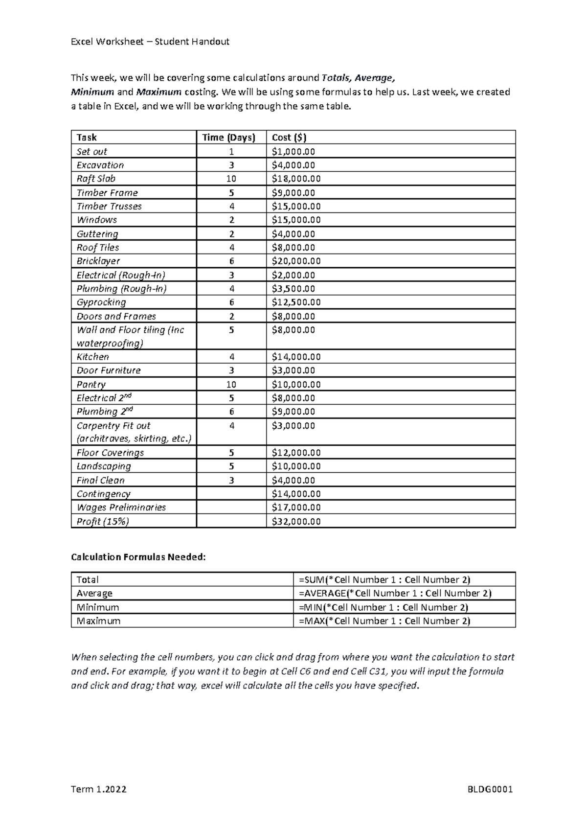 Week 2 - Student Handout (BLDG0001) - Excel Worksheet – Student Handout ...