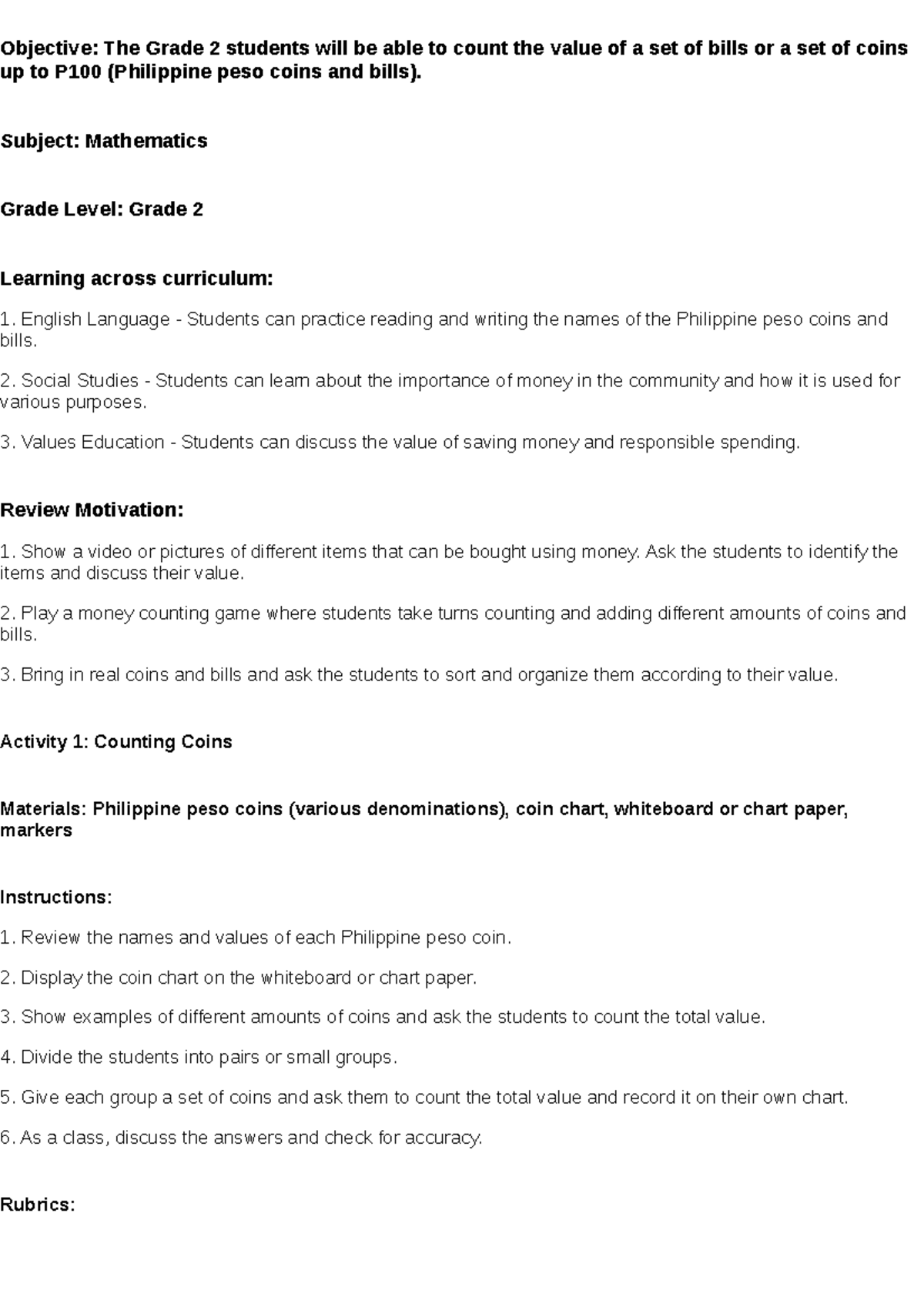 Lesson plan - You can use this - Objective: The Grade 2 students will ...