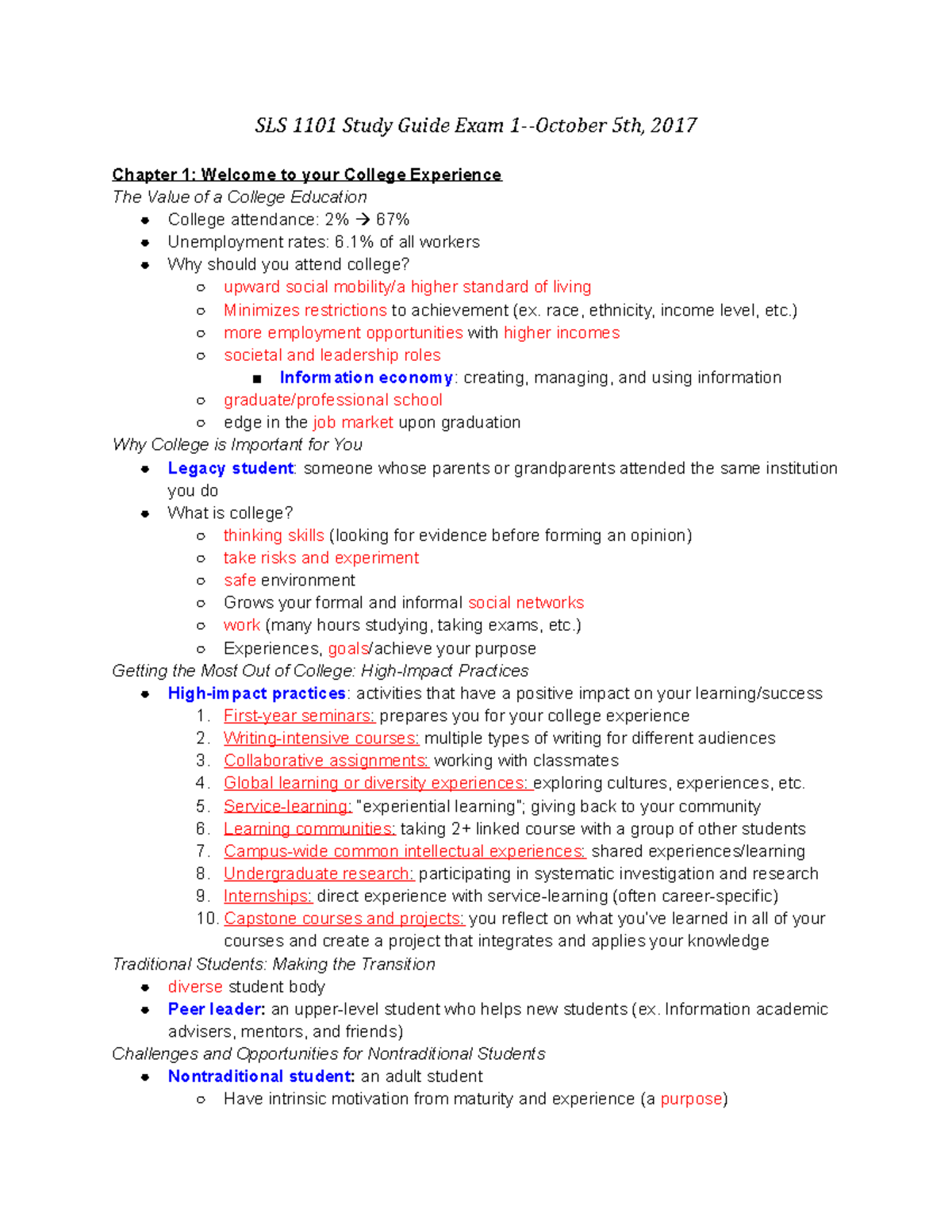 SLS 1101 Exam 1 Study Guide - SLS 1101 Study Guide Exam 1-October 5th ...